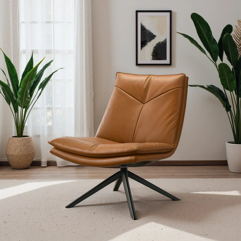 The Sierra Swivel Lounge Chair – Camel Vegan Leather & Matte Black Bas ...